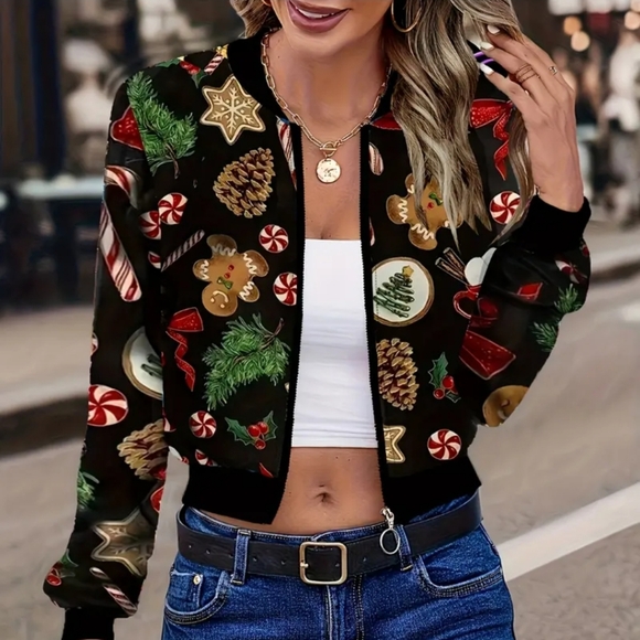 Jackets & Coats | Christmas Print Long Sleeve Jacket With Zipper | Poshmark